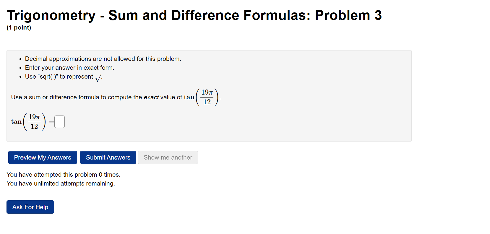 Solved Trigonometry - Sum and Difference Formulas: Problem 3 | Chegg.com