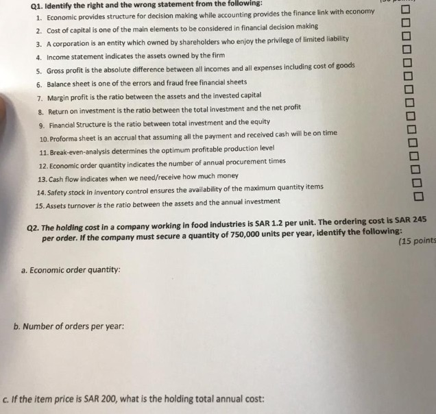 Solved Q1. Identify the right and the wrong statement from | Chegg.com