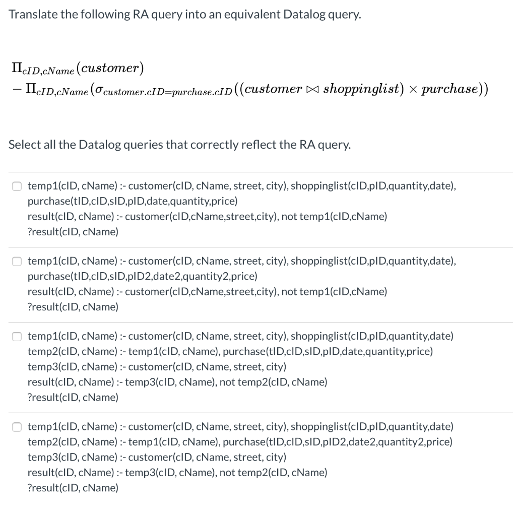 Solved Translate the following RA query into an equivalent | Chegg.com