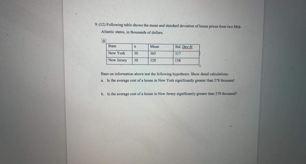 Solved 9. (12) Following table shows the mean and standard | Chegg.com