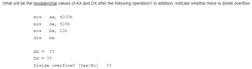 Solved What will be the hexadecimal values of AX and DX | Chegg.com