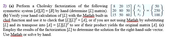 Solved 8 50 0} 2) (a) Perform a Cholesky factorization of | Chegg.com