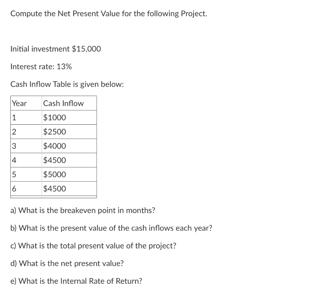 Solved Compute the Net Present Value for the following | Chegg.com