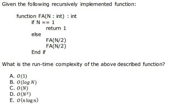 Solved Given the following recursively implemented function: | Chegg.com