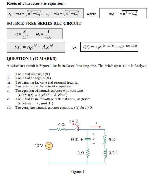 Roots of characteristic equation: si =-a + a’ - o, s, | Chegg.com