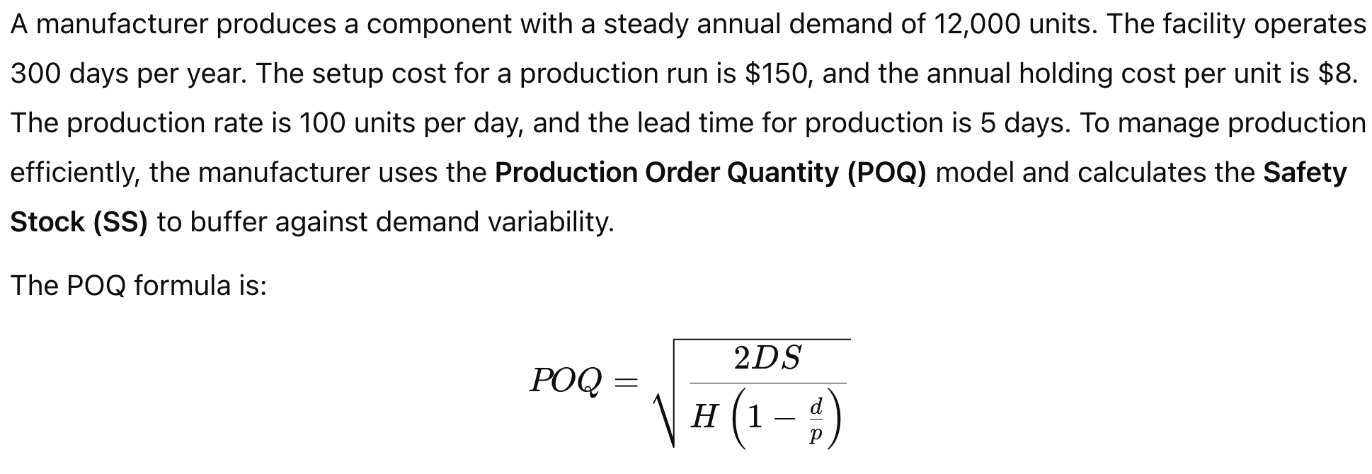 Solved 4.The POQ formula is:POQ=2DSH(1-dp)2 ﻿Where:D= | Chegg.com