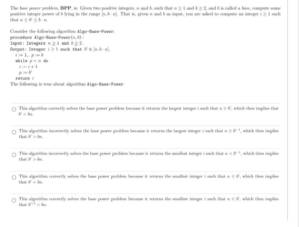 Solved The base power problem, BPP, is: Given two positive | Chegg.com