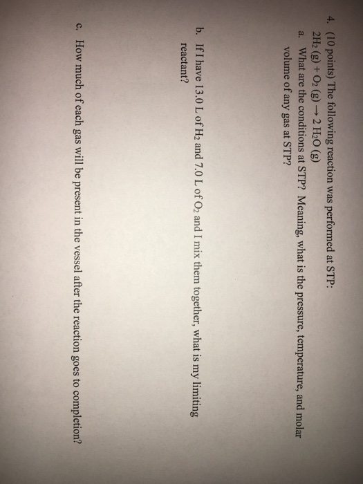Solved The following reaction was performed at STP: 2H_2(g) | Chegg.com