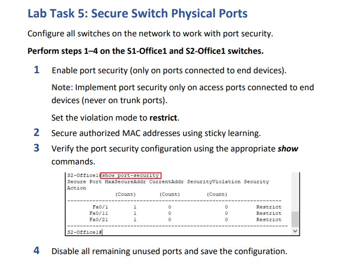 Solved Lab Task 5: Secure Switch Physical Ports Configure | Chegg.com