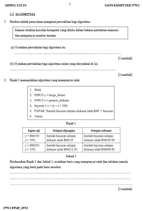 Solved MODUL LULUS 5 SAINS KOMPUTER 3770/1 1.2 ALGORITMA 1 | Chegg.com