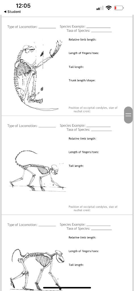 12:05 Student Type of Locomotion: Type of | Chegg.com