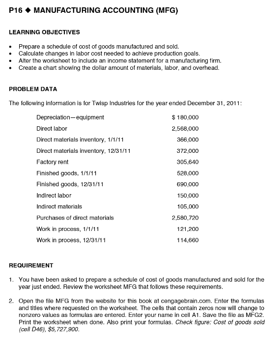 Solved P16 • MANUFACTURING ACCOUNTING (MFG) LEARNING | Chegg.com