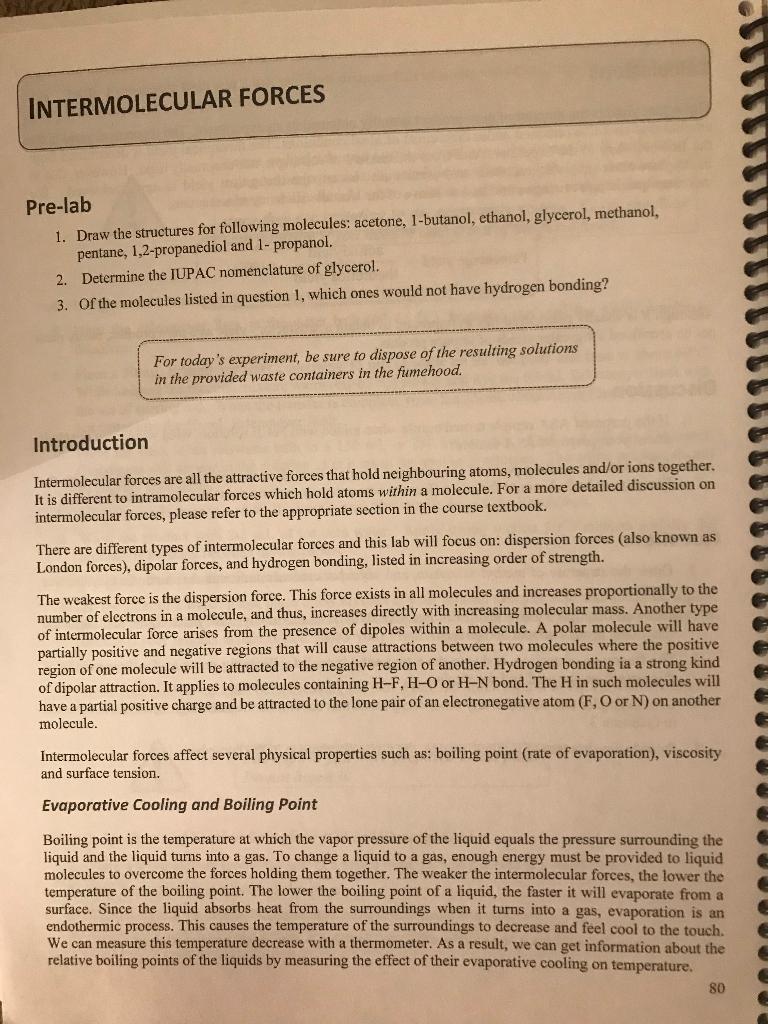 Solved INTERMOLECULAR FORCES Pre-lab 1. Draw the structures | Chegg.com