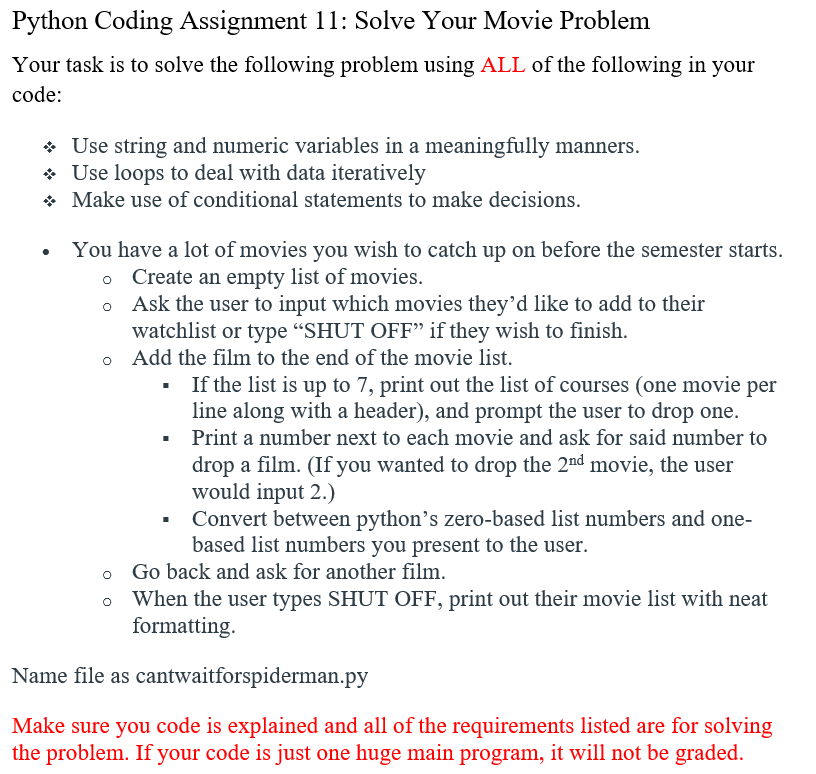 Solved Python Coding Assignment 11: Solve Your Movie Problem | Chegg.com