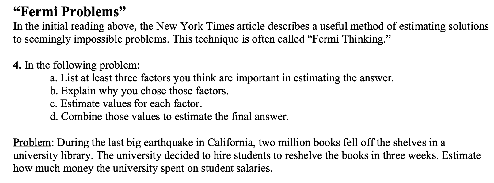 Solved “Fermi Problems” In the initial reading above, the | Chegg.com