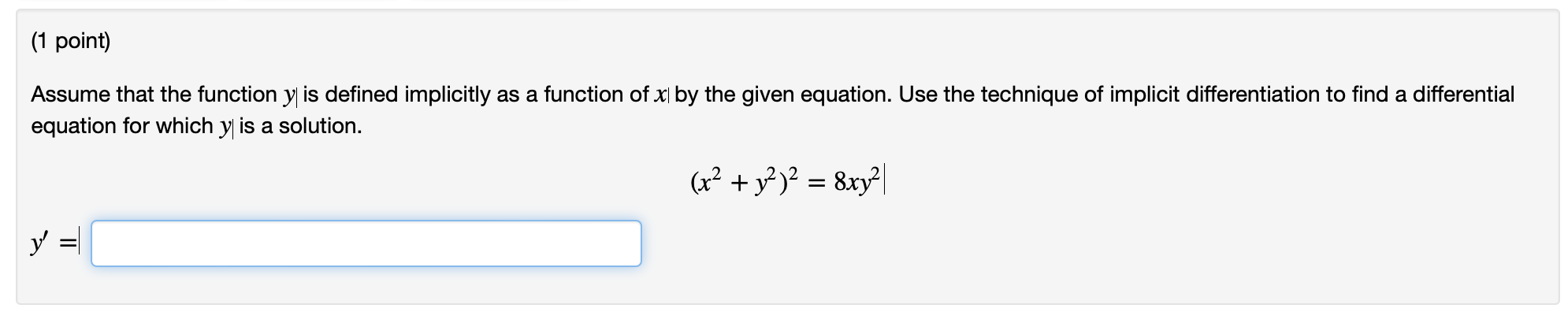 Solved Assume that the function y∣ is defined implicitly as | Chegg.com