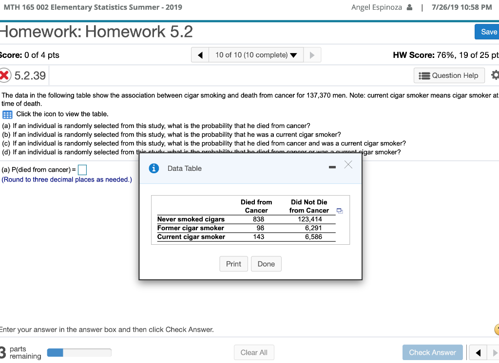 Solved MTH 165 002 Elementary Statistics Summer - 2019 Angel | Chegg.com