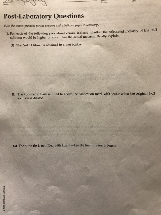 Solved Section Nane Post-Laboratory Questions (use the | Chegg.com