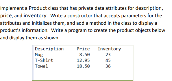 Solved Implement a Product class that has private data | Chegg.com