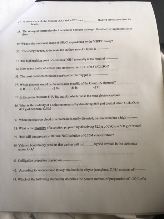 Solved 27 A molecule with the formula AX2 and AX3E uses | Chegg.com
