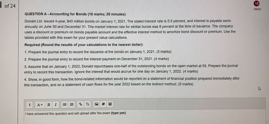 Solved I of 24 16 Marks QUESTION A- Accounting for Bonds (16 | Chegg.com
