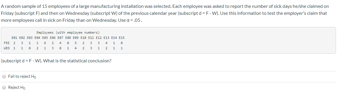 Solved A random sample of 15 employees of a large | Chegg.com