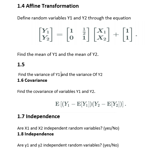 Solved 1.4 Affine Transformation Define random variables Y1 | Chegg.com