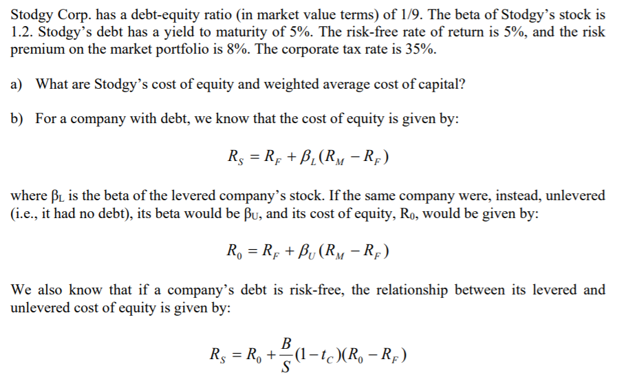 Solved Stodgy Corp. has a debt-equity ratio (in market value | Chegg.com