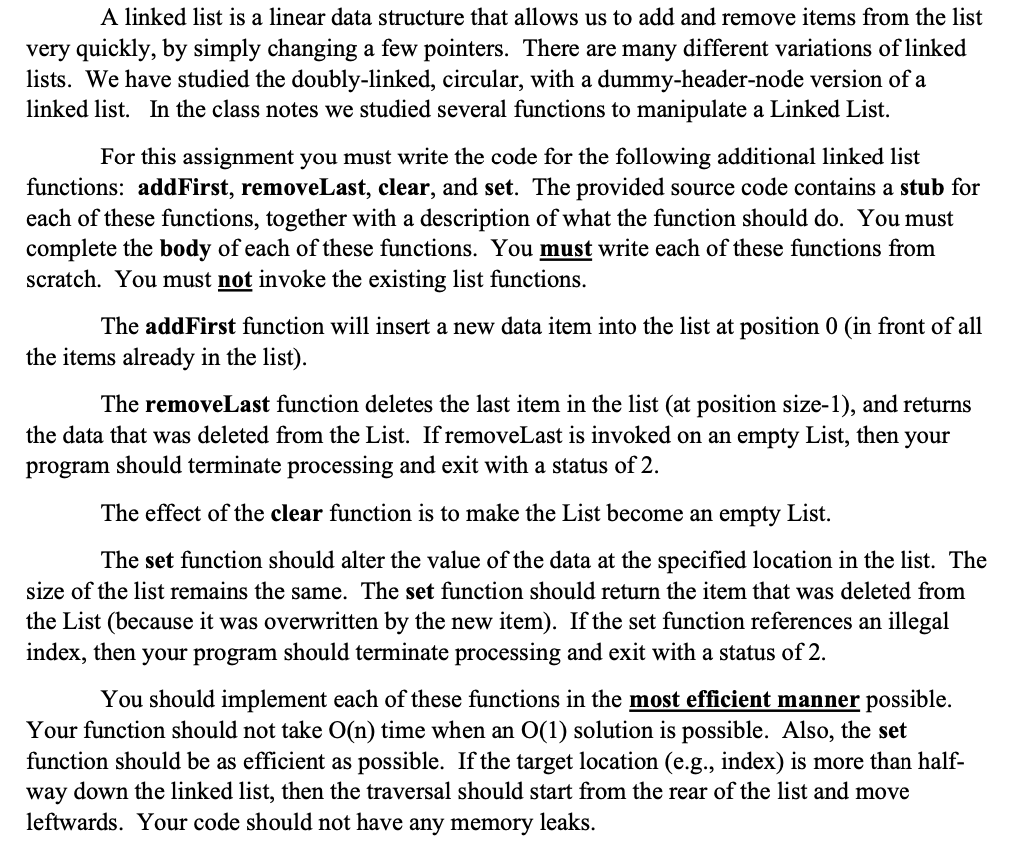 Solved A linked list is a linear data structure that allows | Chegg.com