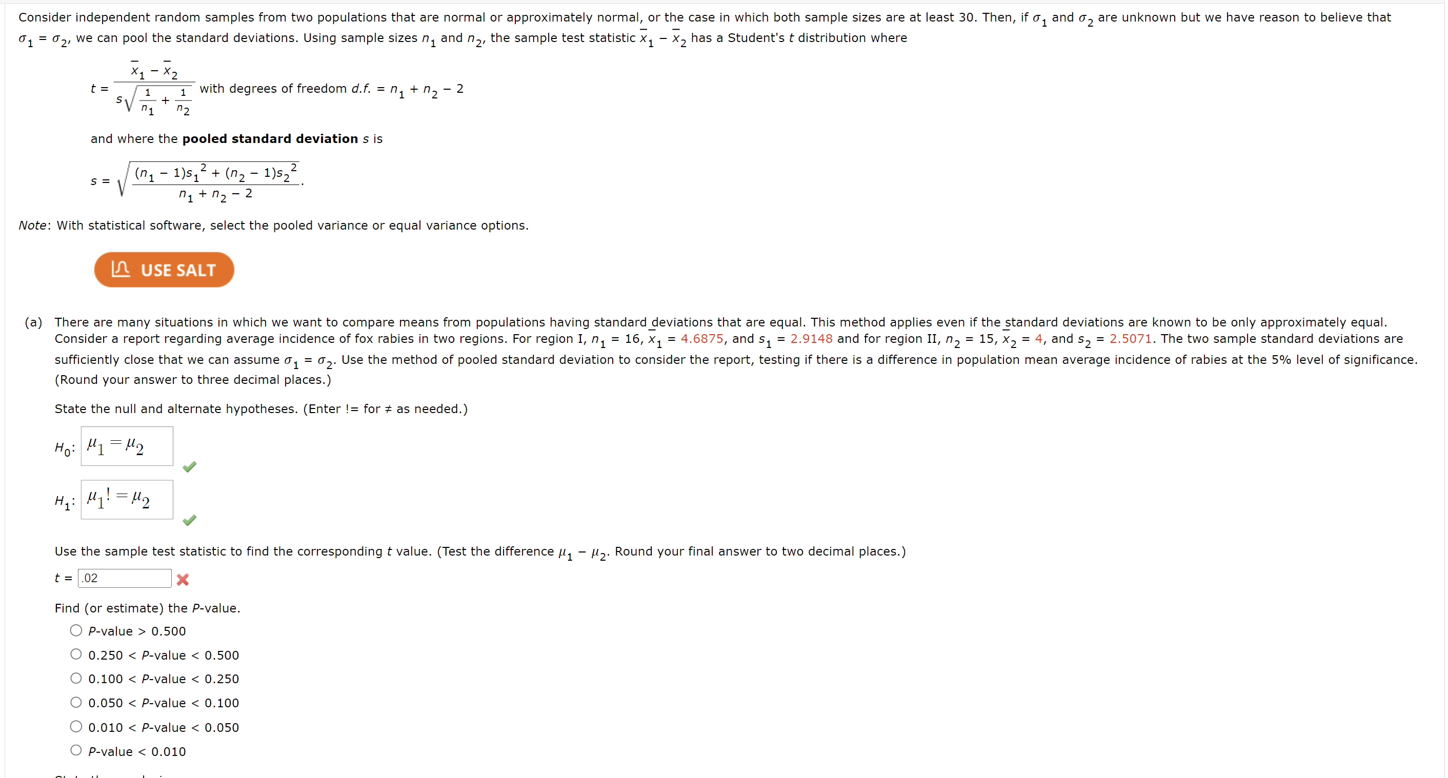 Solved σ1=σ2, we can pool the standard deviations. Using | Chegg.com