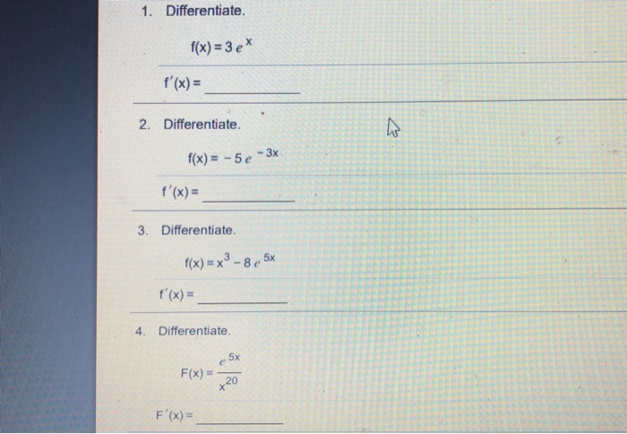 Solved 1. Differentiate. f(x) 3ex f'(x) 2. Differentiate. | Chegg.com