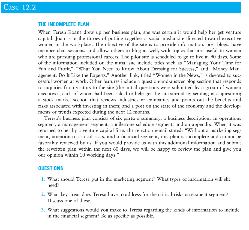 Solved Case 12.2 THE INCOMPLETE PLAN When Teresa Koane drew | Chegg.com