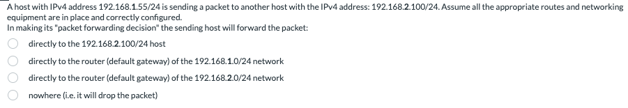 Solved A host with IPv4 address 192.168.1.55/24 is sending a | Chegg.com