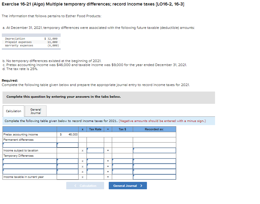 Solved Exerclse 16-21 (Algo) Multlple temporary differences; | Chegg.com