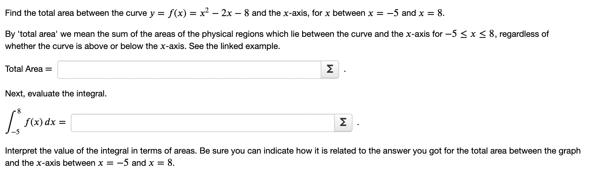Solved Find the total area between the curve y=f(x)=x2−2x−8 | Chegg.com