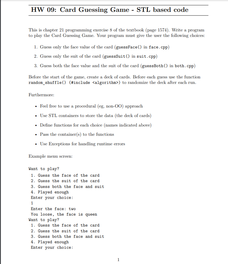 Solved HW 09: Card Guessing Game - STL based code This is | Chegg.com