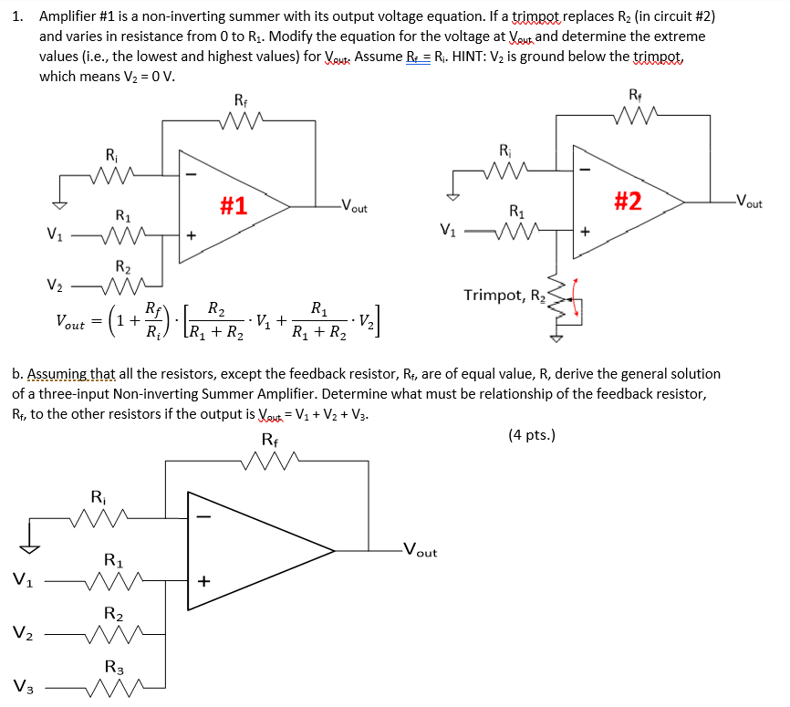 Solved 1. Amplifier #1 is a non-inverting summer with its | Chegg.com
