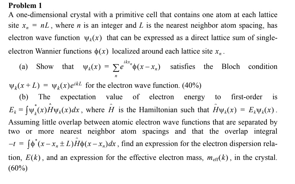 Solved Problem 1 A one-dimensional crystal with a primitive | Chegg.com