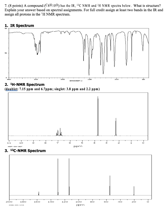 Solved 7. (8 points) A compound ( C8H10O ) has the IR,13CNMR | Chegg.com