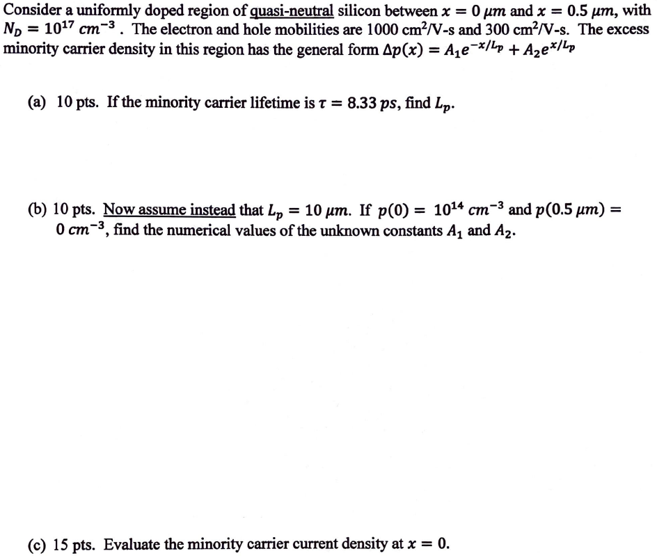 Solved Consider a uniformly doped region of quasi-neutral | Chegg.com
