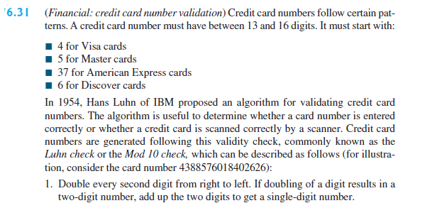 Solved 6.31 (Financial: credit card number validation) | Chegg.com