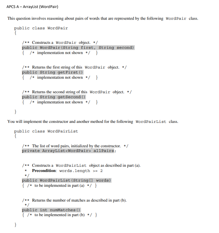 Solved APCS A-ArrayList (WordPair) This question involves | Chegg.com