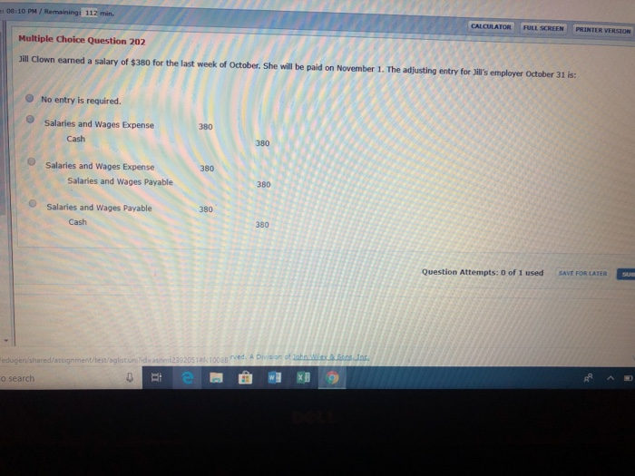 Solved 08:10 pM / Rema 112 min- CALCULATOR ㈠ FULL SCREEN | Chegg.com