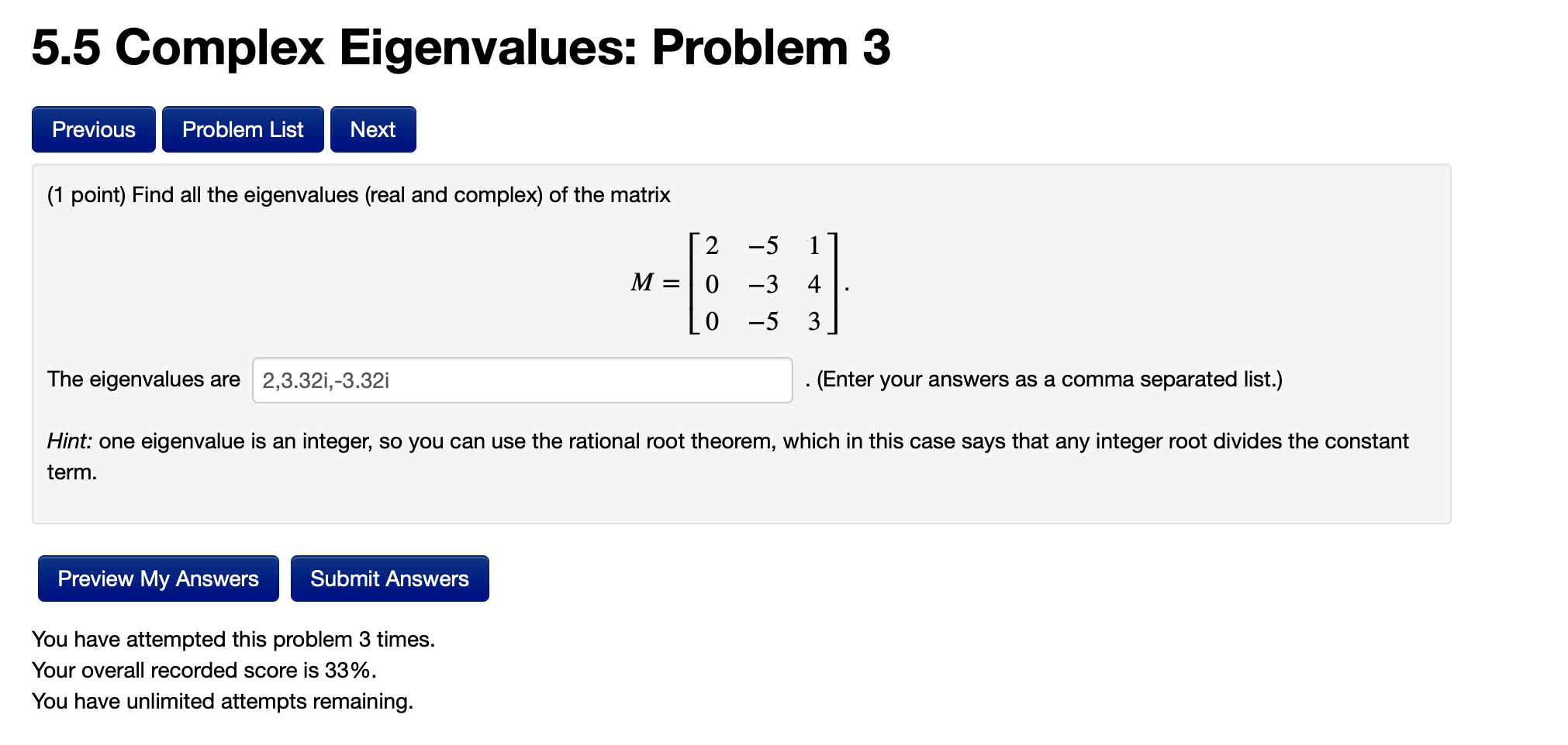 Solved 5.5 Complex Eigenvalues: Problem 3 Previous Problem | Chegg.com