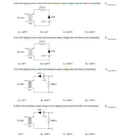 Solved 5) For this clipping circuit, what will be the | Chegg.com
