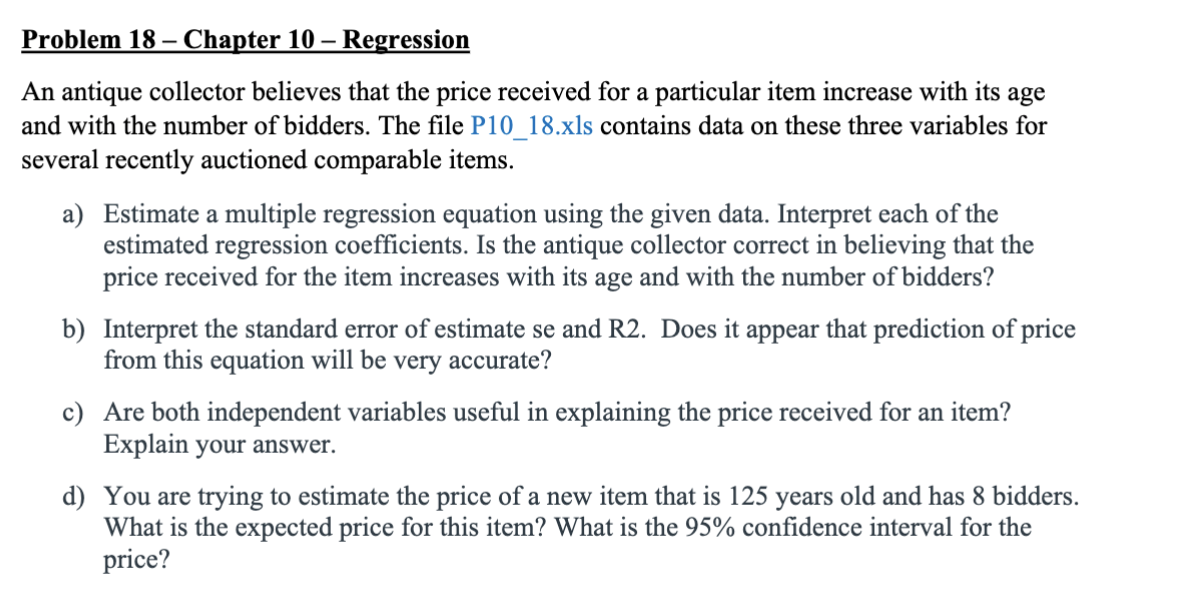 Solved Problem 18 - Chapter 10 -Regression An antique | Chegg.com