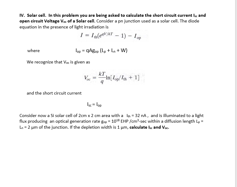 Solved IV. Solar cell. In this problem you are being asked | Chegg.com
