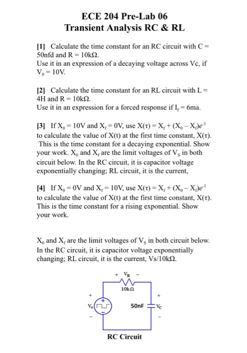 Solved ECE 204 Pre-Lab 06 Transient Analysis RC & RL 1 | Chegg.com