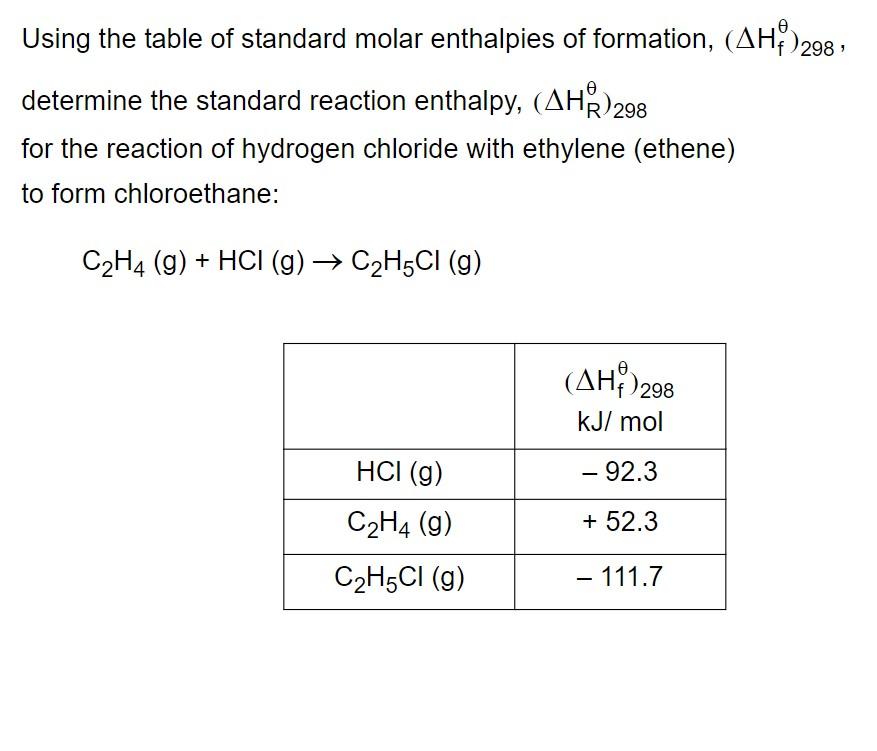 Solved Using the table of standard molar enthalpies of | Chegg.com