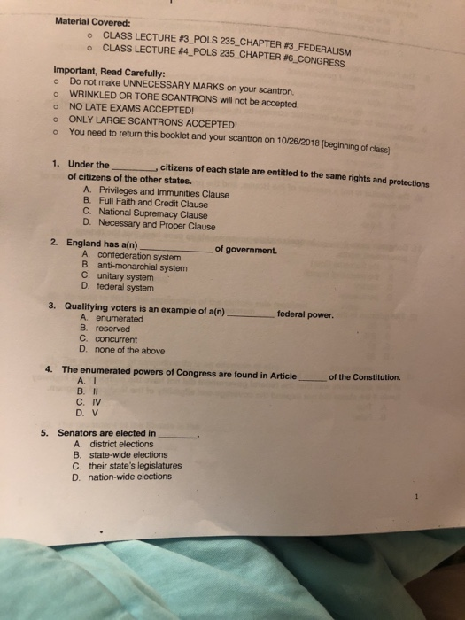 Solved Material Covered: CLASS LECTURE #3-POLS 235-CHAPTER | Chegg.com